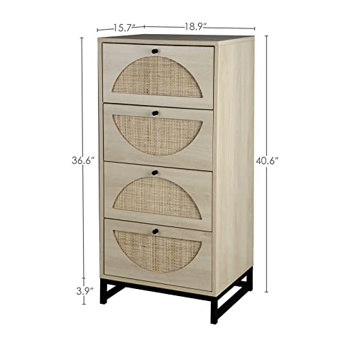 Natural Rattan Storage Drawer Chest,Storage Cabinet Suitable for Living Room and Bedroom, Bedroom Dresser with 4 Drawers for Small Space, Storage Tower Organizer Unit for Hallway/ Entryway/ Closets