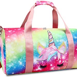 Gym Travel Duffle Bag for Girls - Gymnastics Sports Dance Bag with Shoe Compartment & Wet Pocket Unicorn Kids Travel Bag Teens Weekender Sleepover Carry On Bag