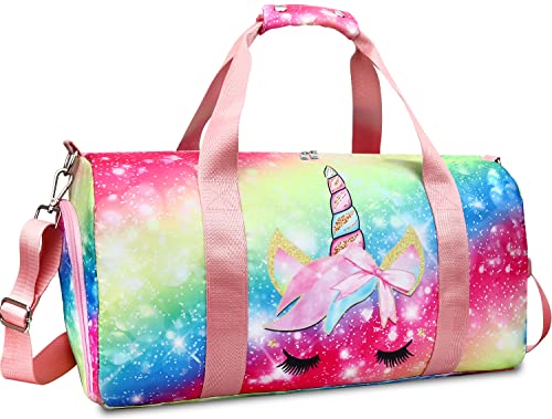 Gym Travel Duffle Bag for Girls - Gymnastics Sports Dance Bag with Shoe Compartment & Wet Pocket Unicorn Kids Travel Bag Teens Weekender Sleepover Carry On Bag