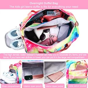 Gym Travel Duffle Bag for Girls - Gymnastics Sports Dance Bag with Shoe Compartment & Wet Pocket Unicorn Kids Travel Bag Teens Weekender Sleepover Carry On Bag