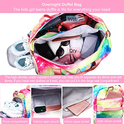 Gym Travel Duffle Bag for Girls - Gymnastics Sports Dance Bag with Shoe Compartment & Wet Pocket Unicorn Kids Travel Bag Teens Weekender Sleepover Carry On Bag