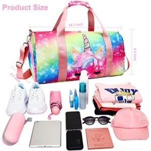 Gym Travel Duffle Bag for Girls - Gymnastics Sports Dance Bag with Shoe Compartment & Wet Pocket Unicorn Kids Travel Bag Teens Weekender Sleepover Carry On Bag