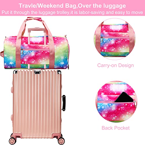 Gym Travel Duffle Bag for Girls - Gymnastics Sports Dance Bag with Shoe Compartment & Wet Pocket Unicorn Kids Travel Bag Teens Weekender Sleepover Carry On Bag