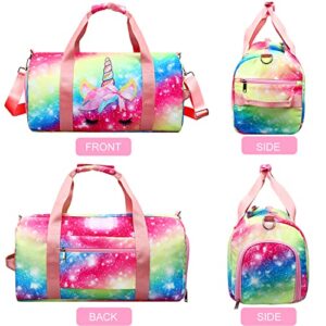 Gym Travel Duffle Bag for Girls - Gymnastics Sports Dance Bag with Shoe Compartment & Wet Pocket Unicorn Kids Travel Bag Teens Weekender Sleepover Carry On Bag