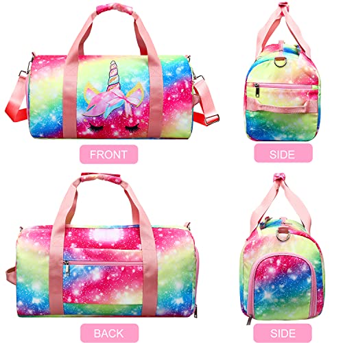 Gym Travel Duffle Bag for Girls - Gymnastics Sports Dance Bag with Shoe Compartment & Wet Pocket Unicorn Kids Travel Bag Teens Weekender Sleepover Carry On Bag