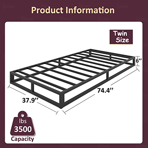 Bilily 6 Inch Twin Bed Frame with Steel Slat Support, Low Profile Twin Metal Platform Bed Frame Support Mattress Foundation, No Box Spring Needed/Easy Assembly/Noise Free