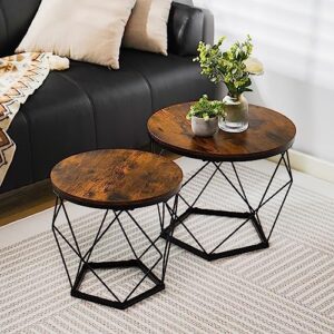 vzottk round set of 2 coffee table with metal frame, round sofa tablefor living room, office, rustic brown and black