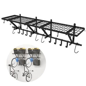 tonchean garage shelving wall mounted 2 pack with bike hooks garage wall shelves 14”x32“ garage floating shelves garage storage shelves heavy duty wall mount, 500lb weight capacity