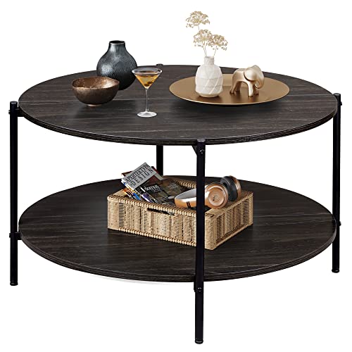 WLIVE Round Coffee Table, Living Room Table with 2-Tier Storage Shelf,32in Wood Modern Coffee Table with Metal Frame and Wood Desktop,Easy Assembly,Charcoal Black.