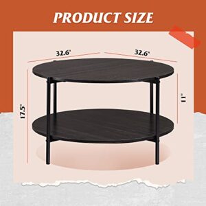 WLIVE Round Coffee Table, Living Room Table with 2-Tier Storage Shelf,32in Wood Modern Coffee Table with Metal Frame and Wood Desktop,Easy Assembly,Charcoal Black.