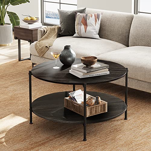 WLIVE Round Coffee Table, Living Room Table with 2-Tier Storage Shelf,32in Wood Modern Coffee Table with Metal Frame and Wood Desktop,Easy Assembly,Charcoal Black.