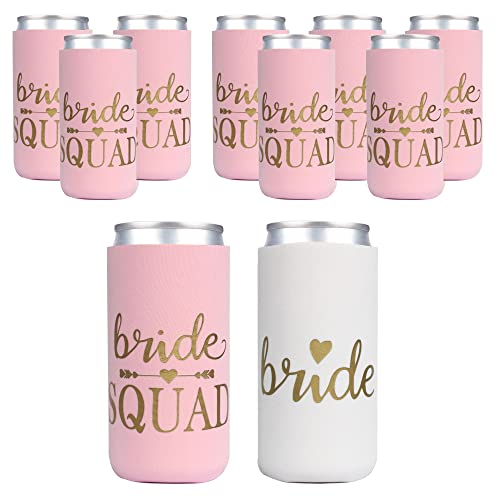 PartyGifts&Beyond 10Packs Bridesmaid Can Cooler, Bride Squad Can Sleeve for Bachelorette Party Decoration Slim Can Koozies(Pink)