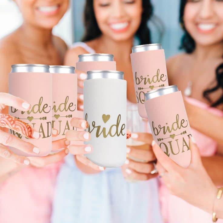 PartyGifts&Beyond 10Packs Bridesmaid Can Cooler, Bride Squad Can Sleeve for Bachelorette Party Decoration Slim Can Koozies(Pink)