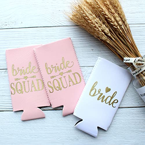 PartyGifts&Beyond 10Packs Bridesmaid Can Cooler, Bride Squad Can Sleeve for Bachelorette Party Decoration Slim Can Koozies(Pink)