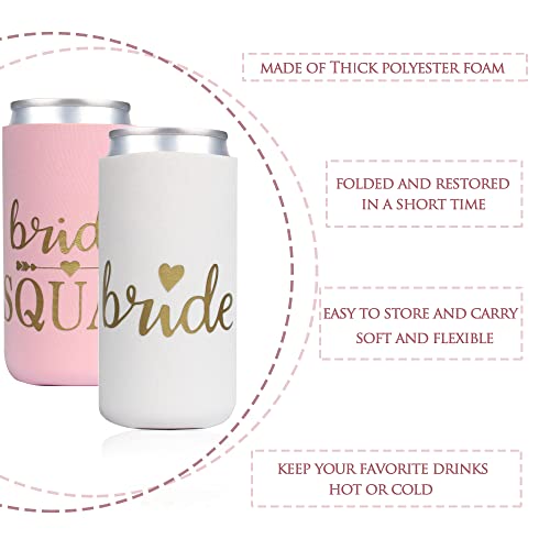 PartyGifts&Beyond 10Packs Bridesmaid Can Cooler, Bride Squad Can Sleeve for Bachelorette Party Decoration Slim Can Koozies(Pink)