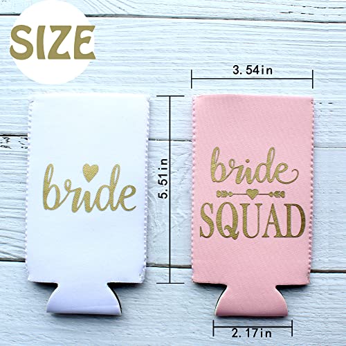 PartyGifts&Beyond 10Packs Bridesmaid Can Cooler, Bride Squad Can Sleeve for Bachelorette Party Decoration Slim Can Koozies(Pink)