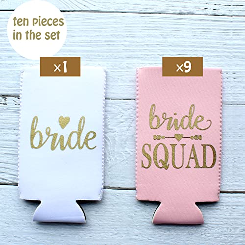 PartyGifts&Beyond 10Packs Bridesmaid Can Cooler, Bride Squad Can Sleeve for Bachelorette Party Decoration Slim Can Koozies(Pink)