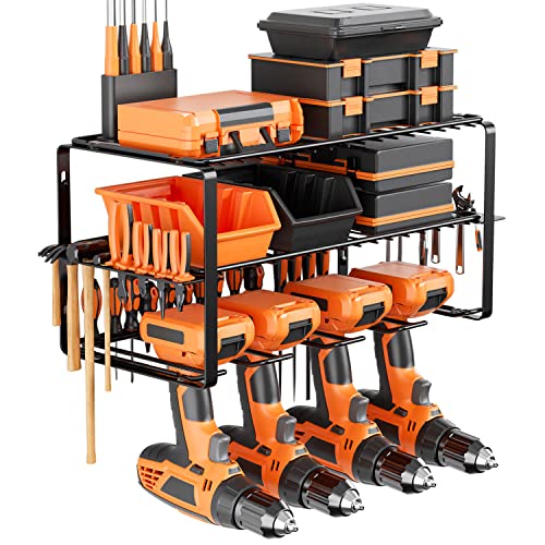 Dr.meter Power Tool Organizer, 4 Drill Holder Garage Tools Organization and Storage - 3 Layers Heavy Duty Metal Tool Shelf Wall Mount - Utility Storage Rack with 4 Extra Hangers, Father Men Dad Gift