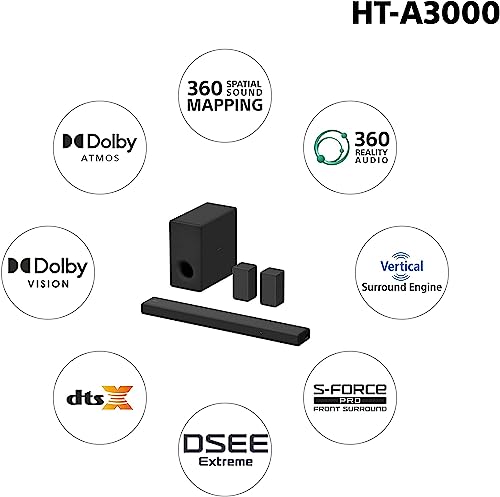 Sony HT-A3000 3.1ch Dolby Atmos Soundbar Surround Sound Home Theater with DTS:X and 360 Spatial Sound Mapping, works with Google Assistant