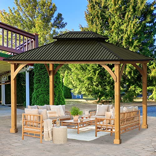 Aoodor Patio Solid Wooden Gazebo 10 x 12 ft. Hardtop Roof 2 - Tier for Garden, Green and Black