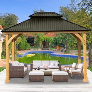 Aoodor Patio Solid Wooden Gazebo 10 x 12 ft. Hardtop Roof 2 - Tier for Garden, Green and Black