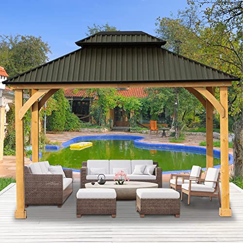 Aoodor Patio Solid Wooden Gazebo 10 x 12 ft. Hardtop Roof 2 - Tier for Garden, Green and Black