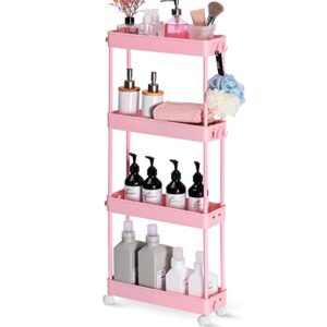 kingrack slim storage cart,4 tier bathroom organizer mobile shelving unit,rolling utility cart slide out organizer for kitchen,bathroom,laundry,narrow places,pink