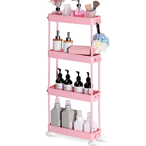 KINGRACK Slim Storage Cart,4 Tier Bathroom Organizer Mobile Shelving Unit,Rolling Utility Cart Slide Out Organizer for Kitchen,Bathroom,Laundry,Narrow Places,Pink