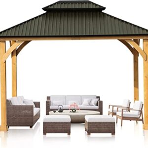 Aoodor Patio Solid Wooden Gazebo 10 x 12 ft. Hardtop Roof 2 - Tier for Garden, Green and Black