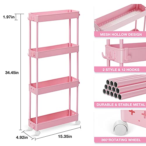 KINGRACK Slim Storage Cart,4 Tier Bathroom Organizer Mobile Shelving Unit,Rolling Utility Cart Slide Out Organizer for Kitchen,Bathroom,Laundry,Narrow Places,Pink