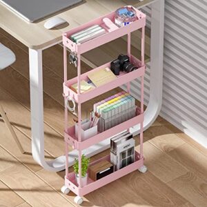 KINGRACK Slim Storage Cart,4 Tier Bathroom Organizer Mobile Shelving Unit,Rolling Utility Cart Slide Out Organizer for Kitchen,Bathroom,Laundry,Narrow Places,Pink