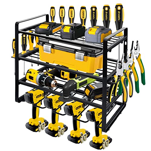 Lindafo Power Tool Organizer,Garage Tool Organizer Wall Mount,Power Tool Storage Rack 4 Layers,Heavy Duty Metal Cordless Drill Storage,Drill Charging Station,Utility Rack for Screwdriver and Pliers