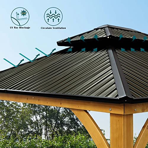 Aoodor Patio Solid Wooden Gazebo 10 x 12 ft. Hardtop Roof 2 - Tier for Garden, Green and Black