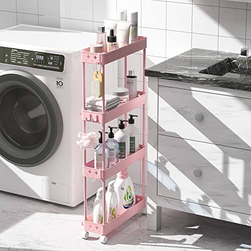 KINGRACK Slim Storage Cart,4 Tier Bathroom Organizer Mobile Shelving Unit,Rolling Utility Cart Slide Out Organizer for Kitchen,Bathroom,Laundry,Narrow Places,Pink