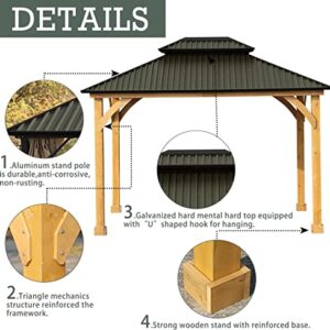 Aoodor Patio Solid Wooden Gazebo 10 x 12 ft. Hardtop Roof 2 - Tier for Garden, Green and Black