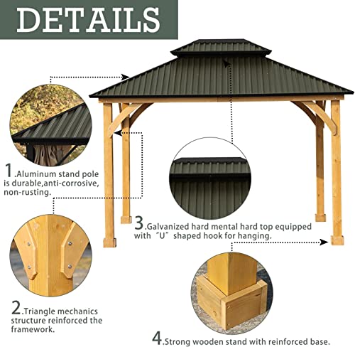 Aoodor Patio Solid Wooden Gazebo 10 x 12 ft. Hardtop Roof 2 - Tier for Garden, Green and Black