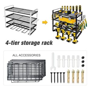 Lindafo Power Tool Organizer,Garage Tool Organizer Wall Mount,Power Tool Storage Rack 4 Layers,Heavy Duty Metal Cordless Drill Storage,Drill Charging Station,Utility Rack for Screwdriver and Pliers