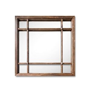 hansen home brown wooden frame square decorative farmhouse wall mirror - bathroom/bedroom/entryway/livingroom accent piece - 16"x16" hanging mirror with windowpane details