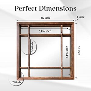 Hansen Home Brown Wooden Frame Square Decorative Farmhouse Wall Mirror - Bathroom/Bedroom/Entryway/Livingroom Accent Piece - 16"x16" Hanging Mirror with Windowpane Details