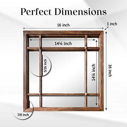 Hansen Home Brown Wooden Frame Square Decorative Farmhouse Wall Mirror - Bathroom/Bedroom/Entryway/Livingroom Accent Piece - 16"x16" Hanging Mirror with Windowpane Details