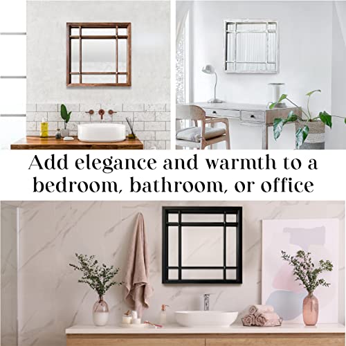 Hansen Home Brown Wooden Frame Square Decorative Farmhouse Wall Mirror - Bathroom/Bedroom/Entryway/Livingroom Accent Piece - 16"x16" Hanging Mirror with Windowpane Details