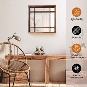 Hansen Home Brown Wooden Frame Square Decorative Farmhouse Wall Mirror - Bathroom/Bedroom/Entryway/Livingroom Accent Piece - 16"x16" Hanging Mirror with Windowpane Details