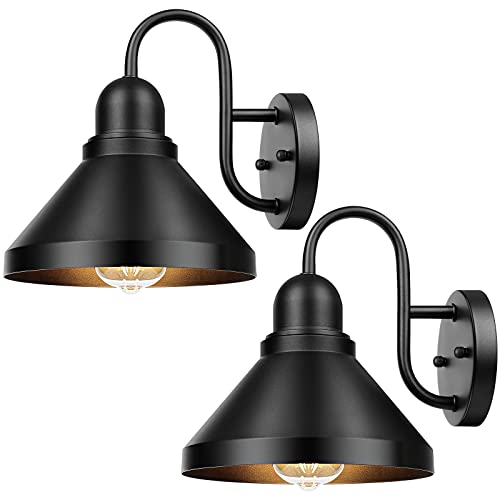 Brightever Gooseneck Outdoor Light Fixtures, 2-Pack Farmhouse Barn Lights for Porch, Industrial Black Exterior Wall Sconce for Garage, Patio, E26 Base Anti-Rust, Bulb not Included