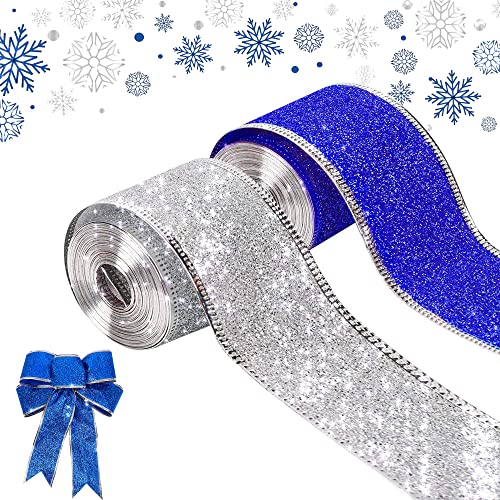 Wired Ribbon Christmas Ribbon Wired Edge 2”x 60 ft(2 Rolls x 30ft) Glitter Ribbon for Gift Wrapping Christmas Tree Ribbon Party Decor Wreath Bows Crafting Supplies(Sliver, Blue)