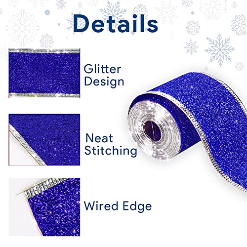 Wired Ribbon Christmas Ribbon Wired Edge 2”x 60 ft(2 Rolls x 30ft) Glitter Ribbon for Gift Wrapping Christmas Tree Ribbon Party Decor Wreath Bows Crafting Supplies(Sliver, Blue)