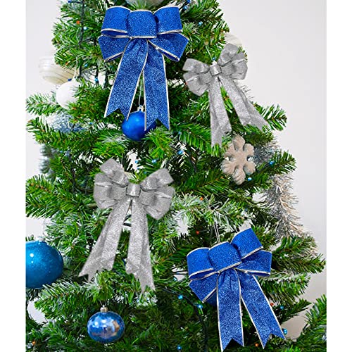 Wired Ribbon Christmas Ribbon Wired Edge 2”x 60 ft(2 Rolls x 30ft) Glitter Ribbon for Gift Wrapping Christmas Tree Ribbon Party Decor Wreath Bows Crafting Supplies(Sliver, Blue)