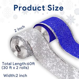 Wired Ribbon Christmas Ribbon Wired Edge 2”x 60 ft(2 Rolls x 30ft) Glitter Ribbon for Gift Wrapping Christmas Tree Ribbon Party Decor Wreath Bows Crafting Supplies(Sliver, Blue)