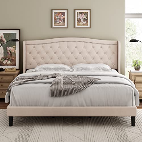 HOSTACK Queen Size Bed Frame, Modern Upholstered Platform Bed with Wingback Headboard, Heavy Duty Button Tufted Bed Frame with Wood Slat Support, Easy Assembly, No Box Spring Needed(Beige, Queen)