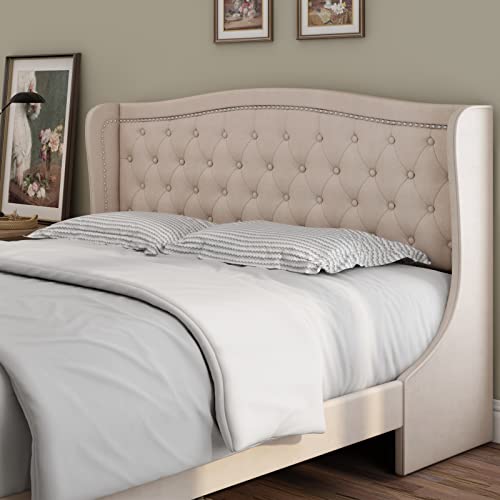 HOSTACK Queen Size Bed Frame, Modern Upholstered Platform Bed with Wingback Headboard, Heavy Duty Button Tufted Bed Frame with Wood Slat Support, Easy Assembly, No Box Spring Needed(Beige, Queen)