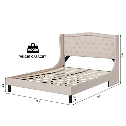 HOSTACK Queen Size Bed Frame, Modern Upholstered Platform Bed with Wingback Headboard, Heavy Duty Button Tufted Bed Frame with Wood Slat Support, Easy Assembly, No Box Spring Needed(Beige, Queen)